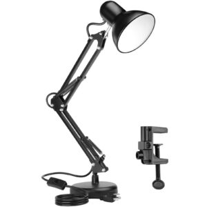 AmeriTop Bundle - Metal Desk Lamp Black & 6 Pack 3000K Warm White A19 LED Light Bulbs; Adjustable Goose Neck Swing Arm Table Lamp with Interchangeable Base Or Clamp