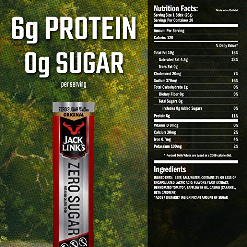 Jack Link's Beef Sticks, Zero Sugar, Original – Protein Snack, Meat Stick with 6g of Protein, Made with 100% Beef, No Added MSG – 0.92 Oz (Pack of 20)