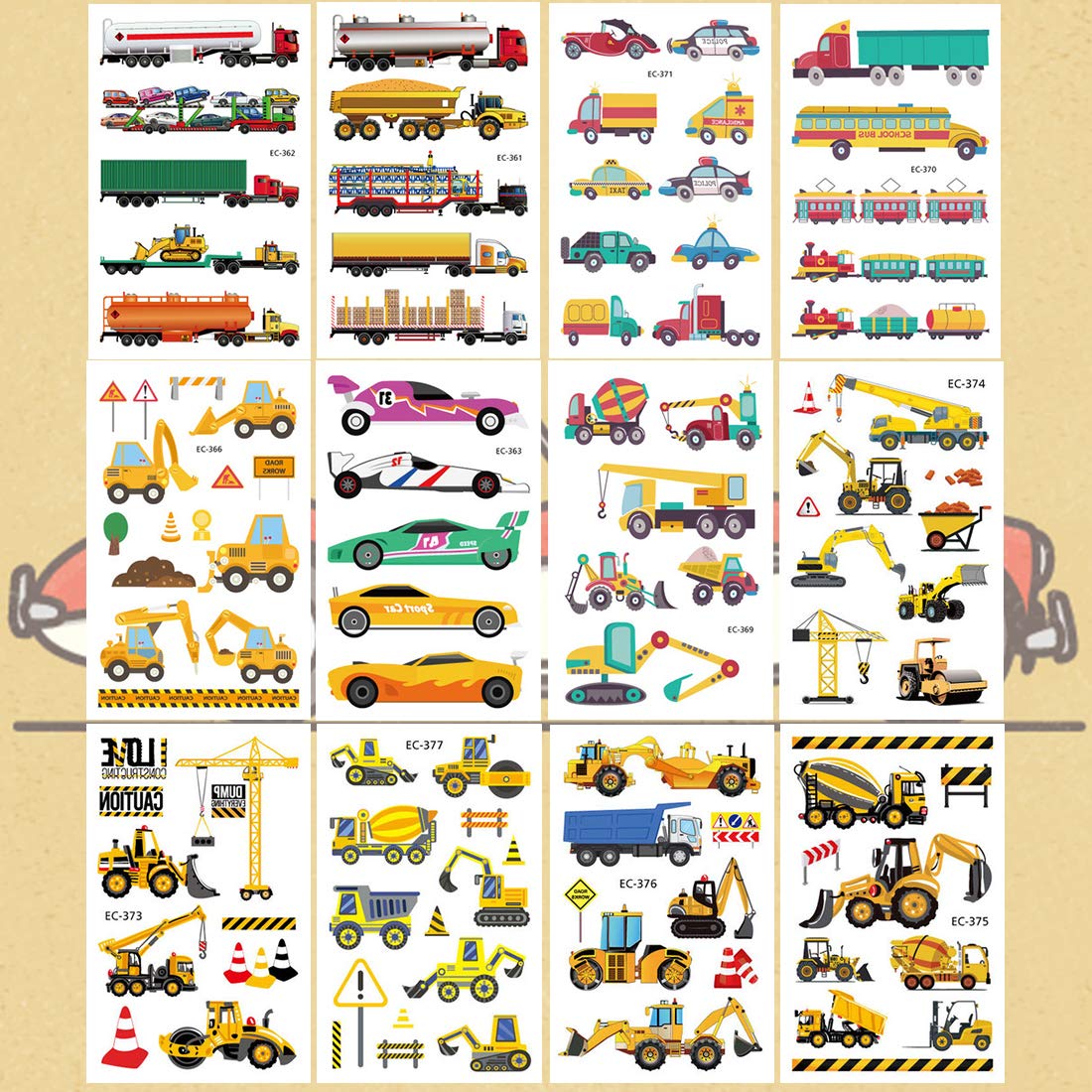 Ooopsiun Cars and Trucks Temporary Tattoos for Boys - 100 Tattoos, Cars Construction Decorations Supplies Favors for Kids Boys