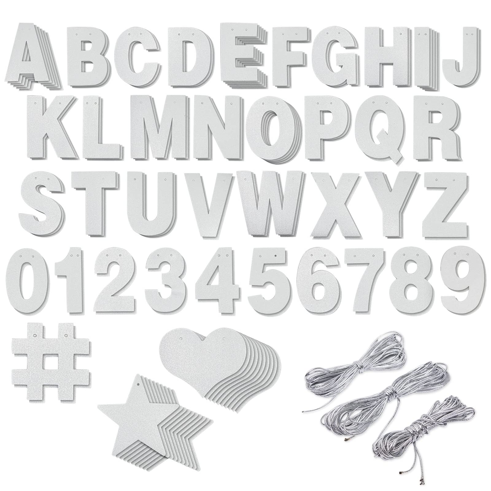 Bright Creations 130-Piece DIY Silver Glitter Make Your Own Banner Kit with Letters, Numbers, Symbols, and String for Birthdays, Weddings, and Party Supplies Decor (5-Inch Letters)