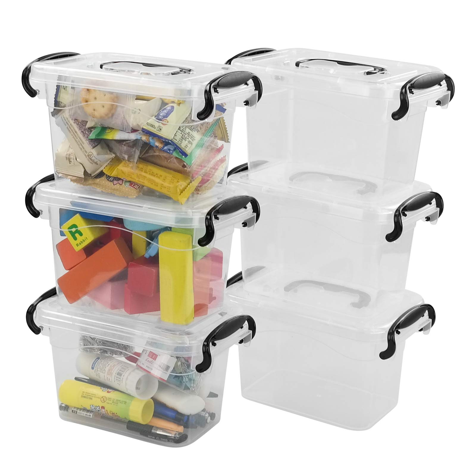 Asking 6-Pack Mini Clear Plastic Bins with Lids, Plastic Storage Box with Black Handles, 1.5 L