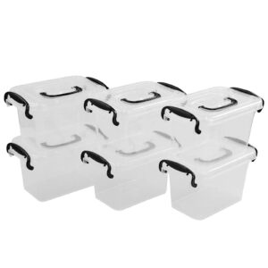 Asking 6-Pack Mini Clear Plastic Bins with Lids, Plastic Storage Box with Black Handles, 1.5 L