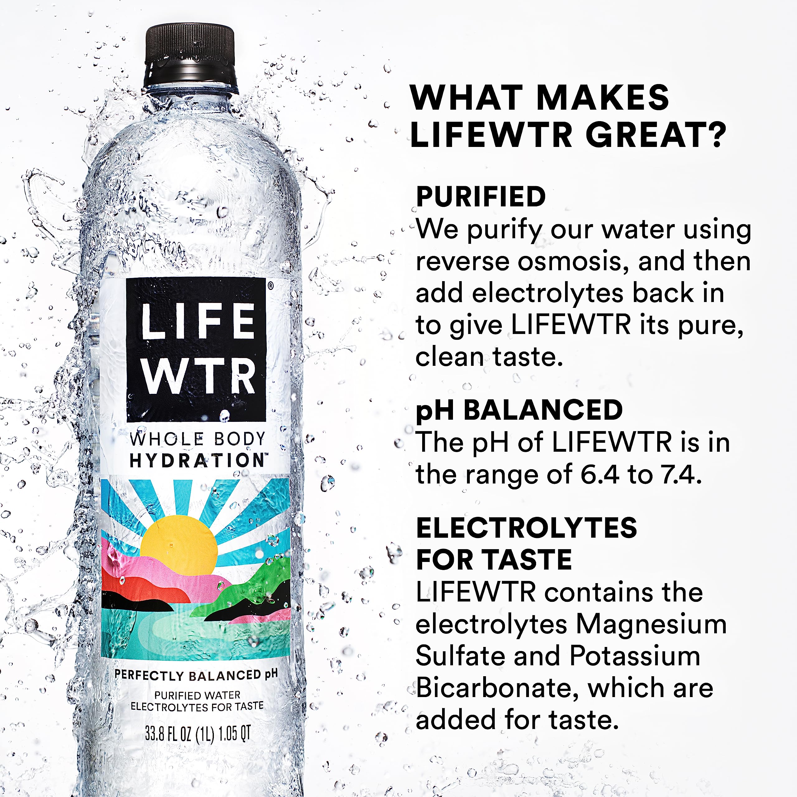 LIFEWTR Premium Purified Water, pH Balanced with Electrolytes, 100% recycled plastic bottles, 20 Fl Oz (Pack of 20), Packaging May Vary