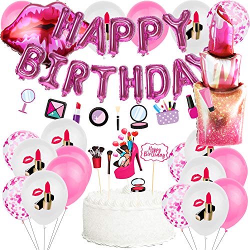 SPA Makeup Party Supplies with Spa Latex Balloon,Lipstick Foil Balloons,Happy Birthday Balloons Banner,Make Up Garland Banner Cake Toppers for Kids Nail Girl Theme,Salon,Spa Birthday Party Decorations