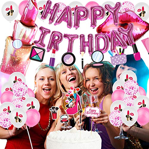 SPA Makeup Party Supplies with Spa Latex Balloon,Lipstick Foil Balloons,Happy Birthday Balloons Banner,Make Up Garland Banner Cake Toppers for Kids Nail Girl Theme,Salon,Spa Birthday Party Decorations