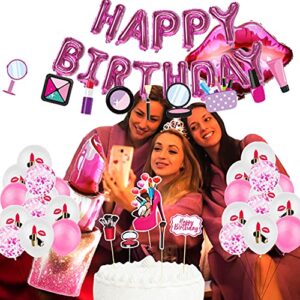 SPA Makeup Party Supplies with Spa Latex Balloon,Lipstick Foil Balloons,Happy Birthday Balloons Banner,Make Up Garland Banner Cake Toppers for Kids Nail Girl Theme,Salon,Spa Birthday Party Decorations