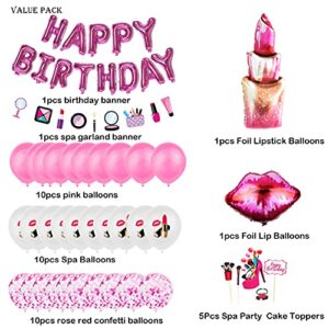 SPA Makeup Party Supplies with Spa Latex Balloon,Lipstick Foil Balloons,Happy Birthday Balloons Banner,Make Up Garland Banner Cake Toppers for Kids Nail Girl Theme,Salon,Spa Birthday Party Decorations