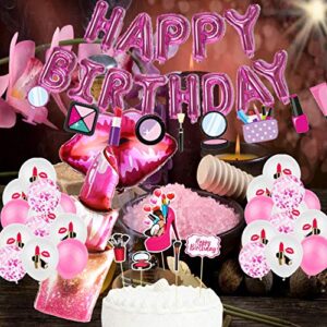 SPA Makeup Party Supplies with Spa Latex Balloon,Lipstick Foil Balloons,Happy Birthday Balloons Banner,Make Up Garland Banner Cake Toppers for Kids Nail Girl Theme,Salon,Spa Birthday Party Decorations