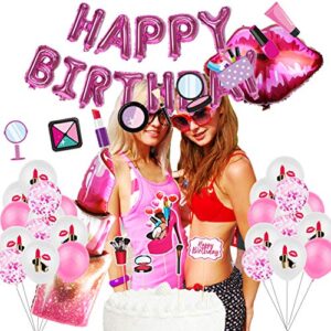 SPA Makeup Party Supplies with Spa Latex Balloon,Lipstick Foil Balloons,Happy Birthday Balloons Banner,Make Up Garland Banner Cake Toppers for Kids Nail Girl Theme,Salon,Spa Birthday Party Decorations