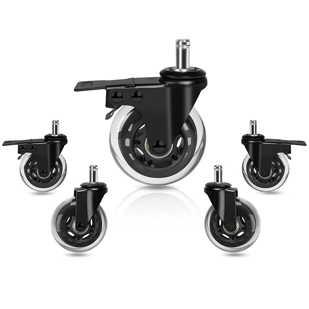 Hirate 3" Chair Casters Heavy Duty Lockable Swivel Caster Replacement with Plug-in Stem 7/16" x 7/8" for Home Office Chairs (Pack of 5, 3 with Dual Brake & 2 Without)