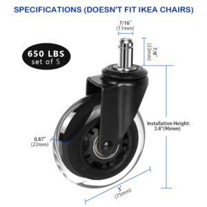 Hirate 3" Chair Casters Heavy Duty Lockable Swivel Caster Replacement with Plug-in Stem 7/16" x 7/8" for Home Office Chairs (Pack of 5, 3 with Dual Brake & 2 Without)