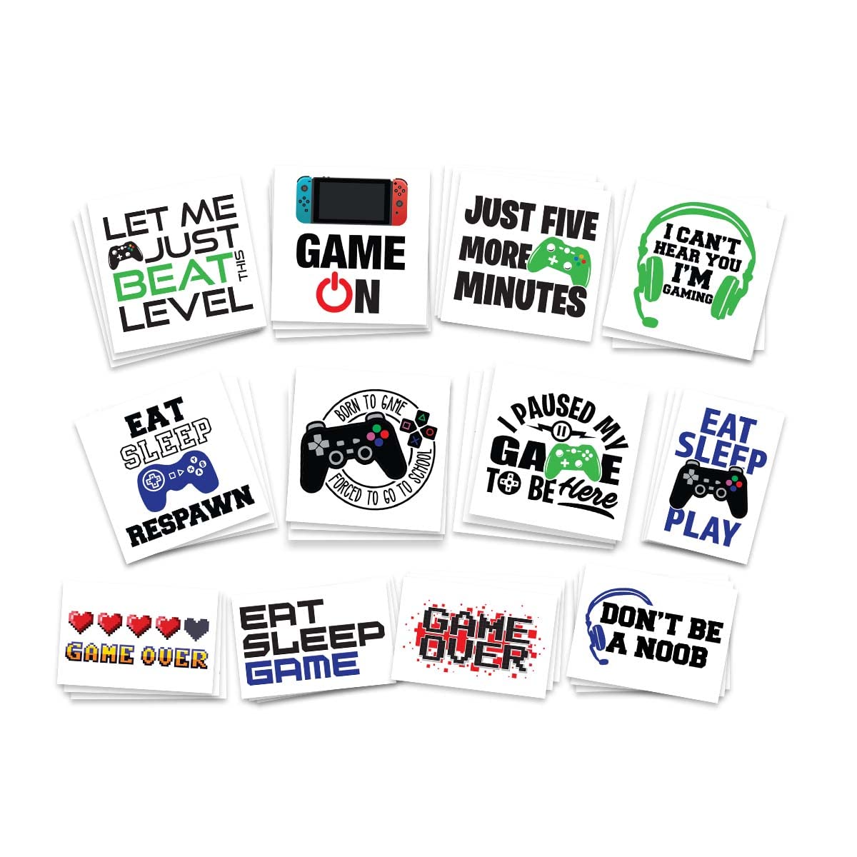 FashionTats Video Gamer Temporary Tattoos | Pack of 36 | MADE IN THE USA | Skin Safe | Party Supplies & Favors | Removable