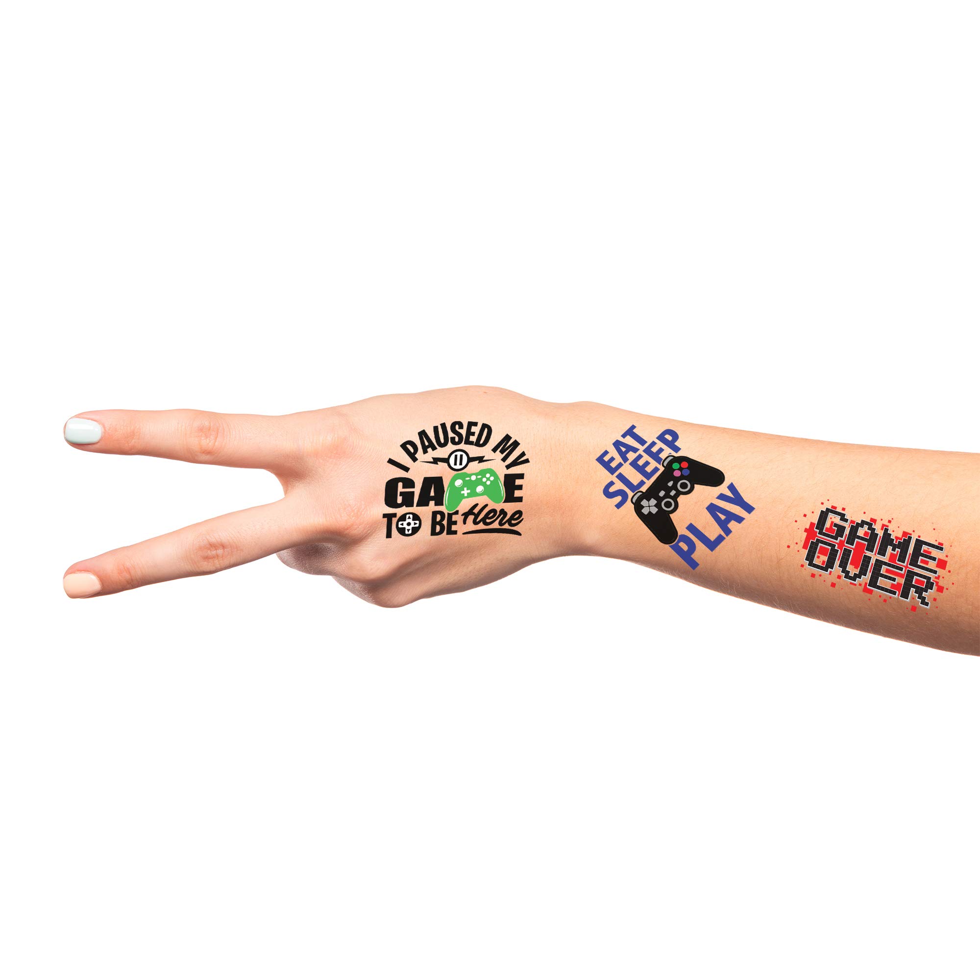 FashionTats Video Gamer Temporary Tattoos | Pack of 36 | MADE IN THE USA | Skin Safe | Party Supplies & Favors | Removable