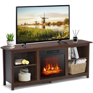 tangkula tv stand with electric fireplace, for tvs up to 65 inches, with 18 inches 1400w electric fireplace, with remote control, 3 level adjustable flame & timer, for living room, bedroom