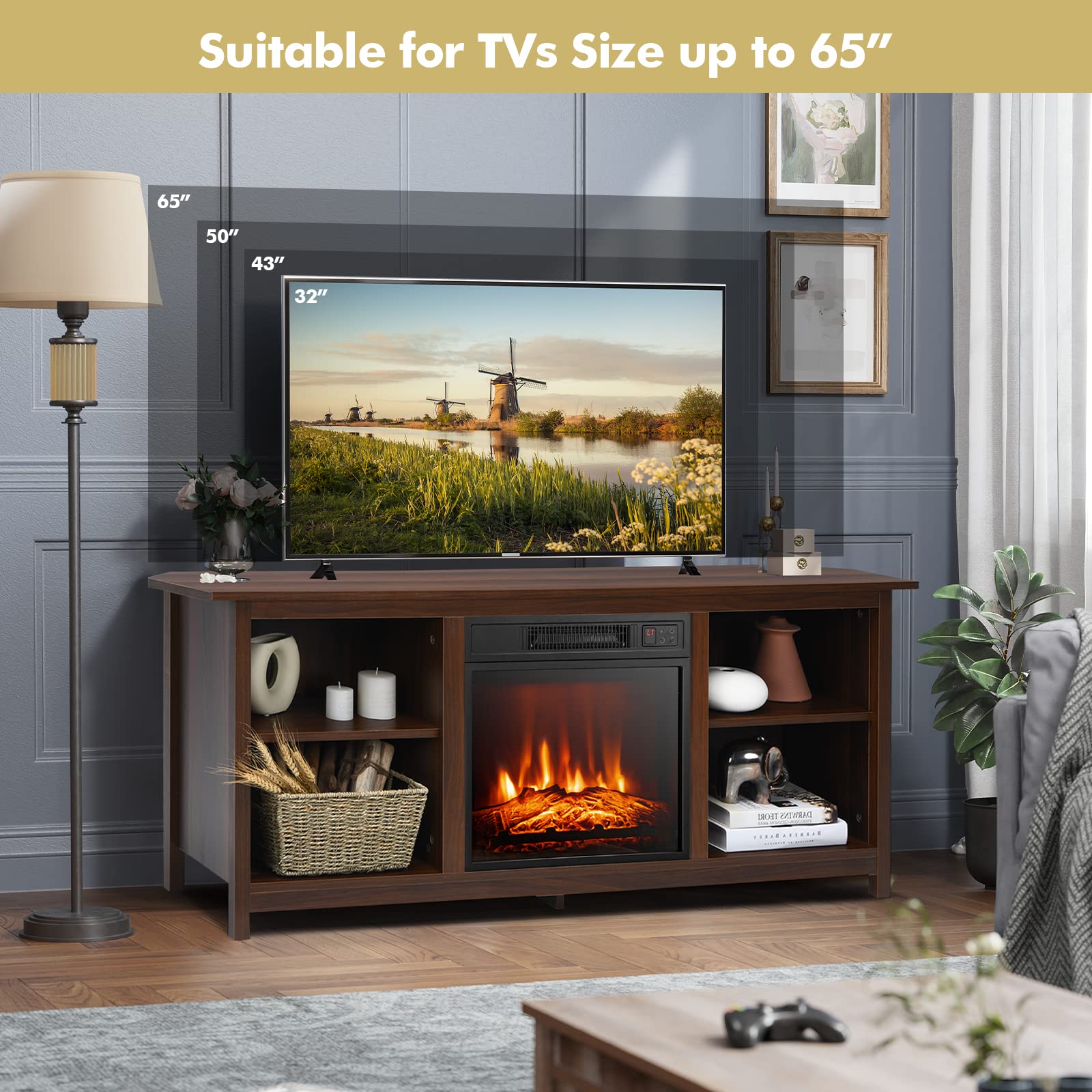 Tangkula TV Stand with Electric Fireplace, for TVs up to 65 Inches, with 18 Inches 1400W Electric Fireplace, with Remote Control, 3 Level Adjustable Flame & Timer, for Living Room, Bedroom