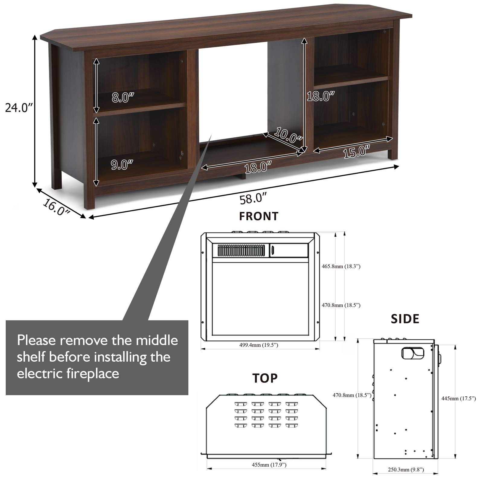 Tangkula Fireplace TV Stand, 58 Inches Entertainment Media Console Center w/18 Inches 1500W Electric Fireplace, w/Remote Control and Adjustable Brightness, TV Stand Fireplace for TV Up to 65 Inches