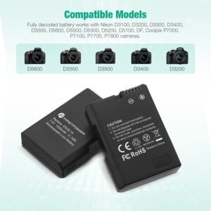 FirstPower EN-EL14 EN-EL14a Batteries for Nikon D3500 D3400 D3300 D3200 D3100 D5600 D5500 D5300 D5200 D5100 DF Coolpix P7000 P7100 P7700 P7800 (2-Pack, 1500mAh)