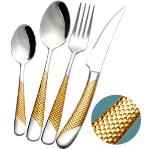 xideman 16 piece hammered silver gold silverware set, modern golden 18/10 stainless steel flatware set, kitchen utensil set service for 4, tableware set, cutlery set, knives forks spoons set