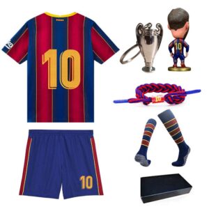 new #10 youth size soccer jersey for boys girls uniform with doll+sock+keychain + bracelet kids football shirt gift set (7-8ears/size22) red/blue