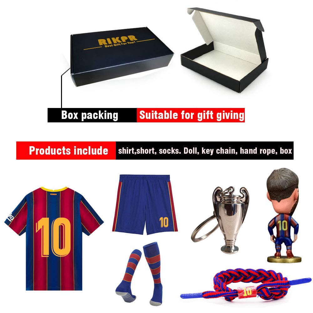 New #10 Youth Size Soccer Jersey for Boys Girls Uniform with Doll+Sock+Keychain + Bracelet Kids Football Shirt Gift Set (7-8ears/size22) Red/Blue