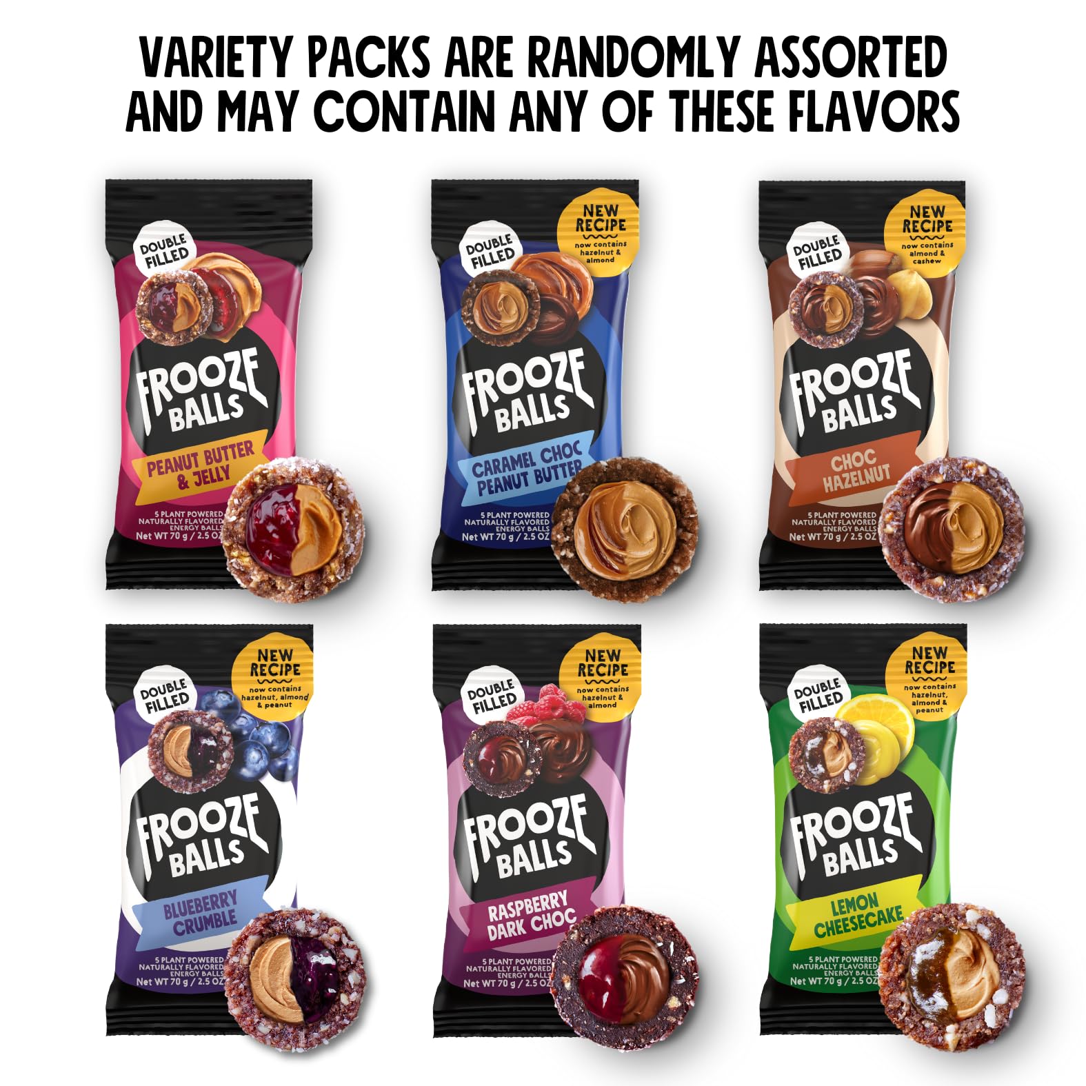 Frooze Balls Double-Filled Energy Balls Variety Pack - (6 bags, each with 5 balls) Healthy Vegan Snacks, Gluten-Free