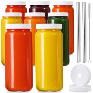 [ 8 pack ] 16 oz reusbale glass juicing bottles w airtight lids & 2 straws & 2 lids w hole - drinking jars, travel water cups - tall mason jar for juice, boba, smoothie, tea, kombucha, homemade drinks