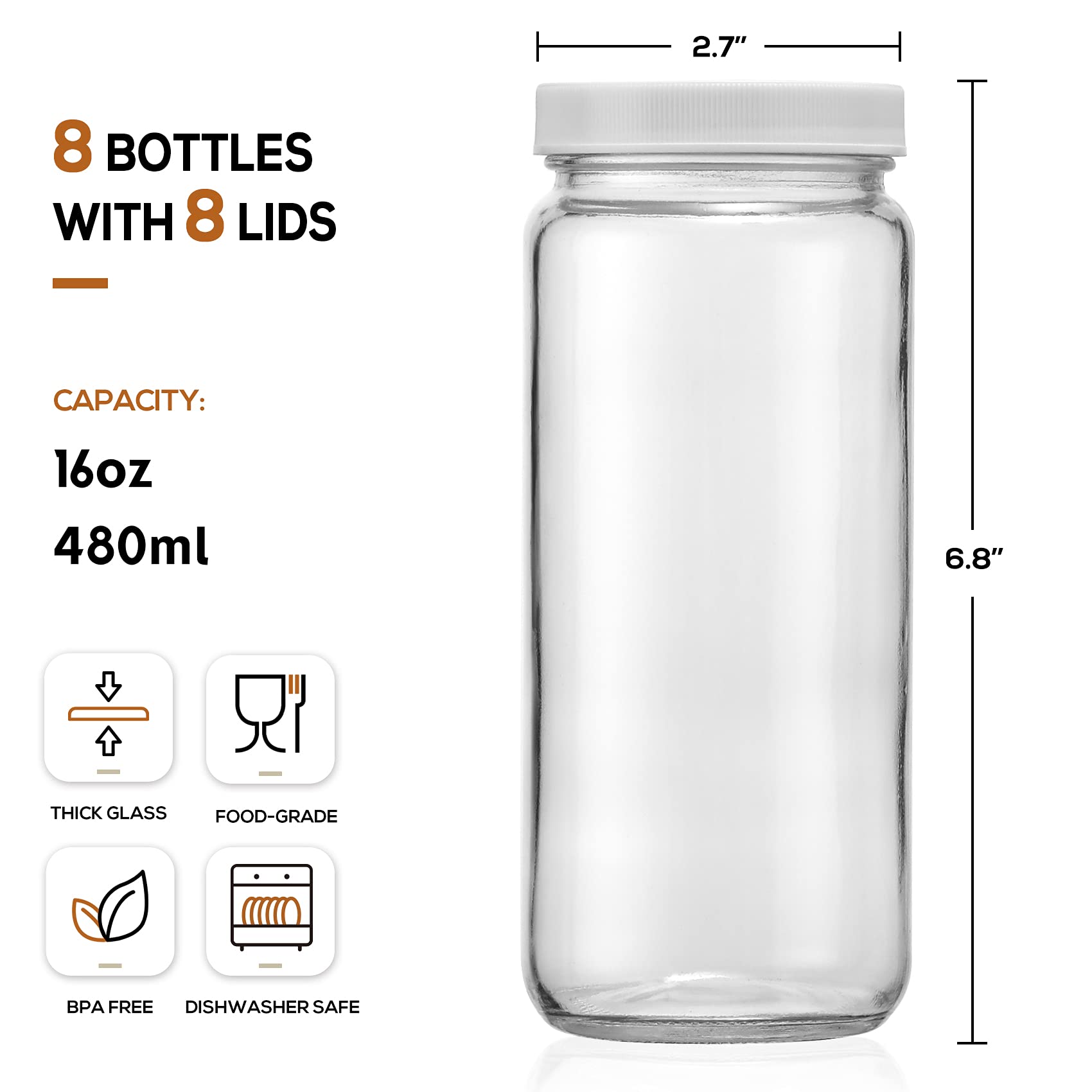 [ 8 Pack ] 16 OZ Reusbale Glass Juicing Bottles w Airtight Lids & 2 Straws & 2 Lids w Hole - Drinking Jars, Travel Water Cups - Tall Mason Jar for Juice, Boba, Smoothie, Tea, Kombucha, Homemade Drinks