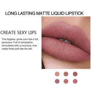 MAEPEOR Matte Liquid Lipstick 6PCS Nude Velvety Lip Gloss Kit Long-Lasting Wear Non-Stick Cup and Not Fade Lipstick Set for Warm or Cool Undertone (Nude Series, 6PCS-E)