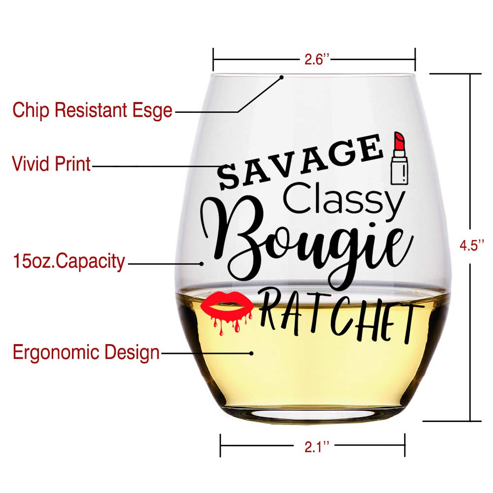 Perfectinsoy Savage Classy Bougie Ratchet Wine Glass, Cute Wine Glass Gifts for Tik Tok Fans, Women, Best Friend, Friends, Sister, Her, Funny Sayings