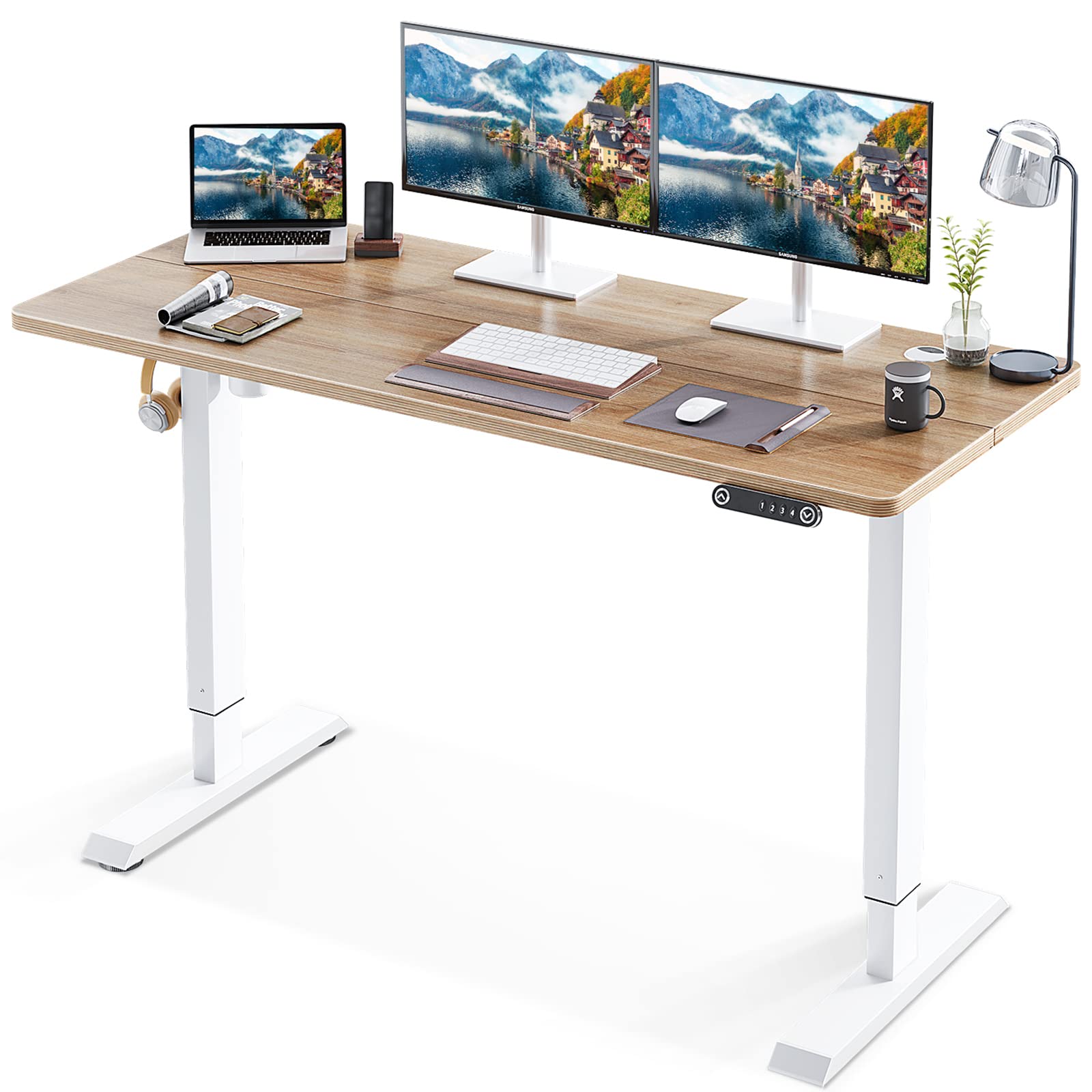 KKL 55-inch Height Adjustable Electric Standing Desk, 55 x 28 Inches Stand Up Desk with Splice Board and Hook, Sit Stand Desk with Greige Top and White Frame