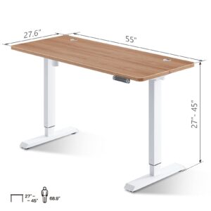 KKL 55-inch Height Adjustable Electric Standing Desk, 55 x 28 Inches Stand Up Desk with Splice Board and Hook, Sit Stand Desk with Greige Top and White Frame