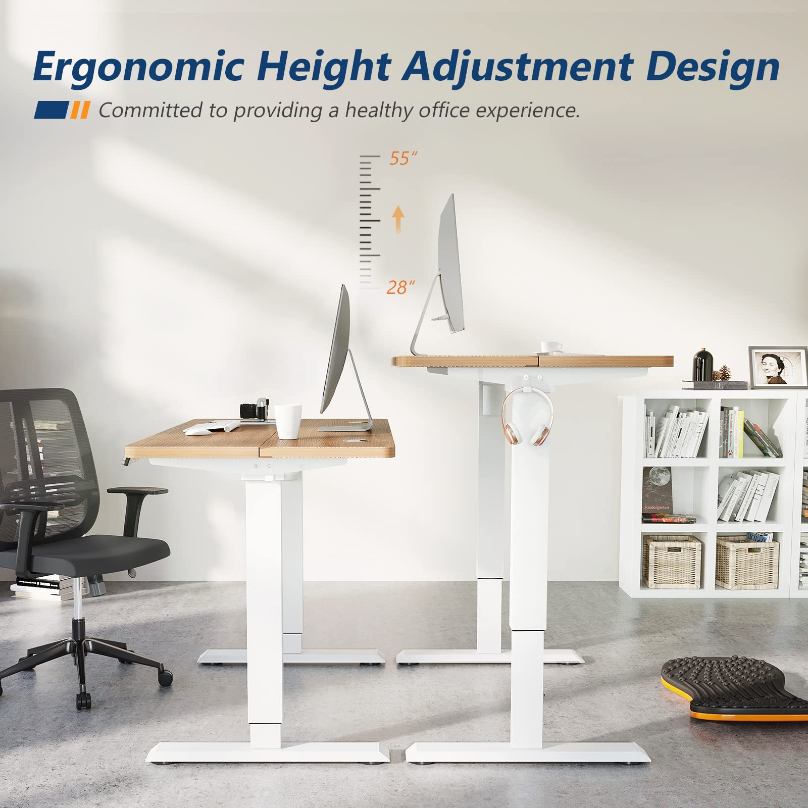 KKL 55-inch Height Adjustable Electric Standing Desk, 55 x 28 Inches Stand Up Desk with Splice Board and Hook, Sit Stand Desk with Greige Top and White Frame