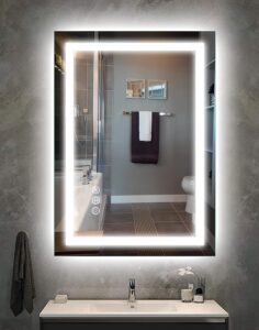 amorho led bathroom mirror 20"x 28" with front and backlight, stepless dimmable wall mirrors with anti-fog, shatter-proof, memory, 3 colors, led vanity mirror(horizontal/vertical)