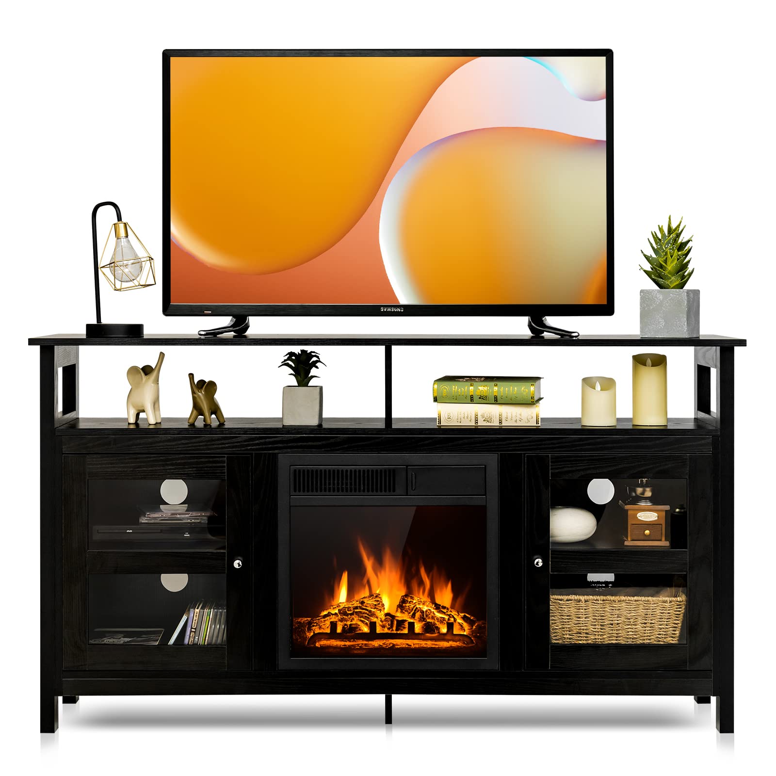 Tangkula Fireplace TV Stand, Farmhouse Media Console Table w/18 1500W Electric Fireplace for Flat Screen TVs up to 65", Modern Fireplace Space Heater w/Adjustable Brightness & Remote Control (Black)