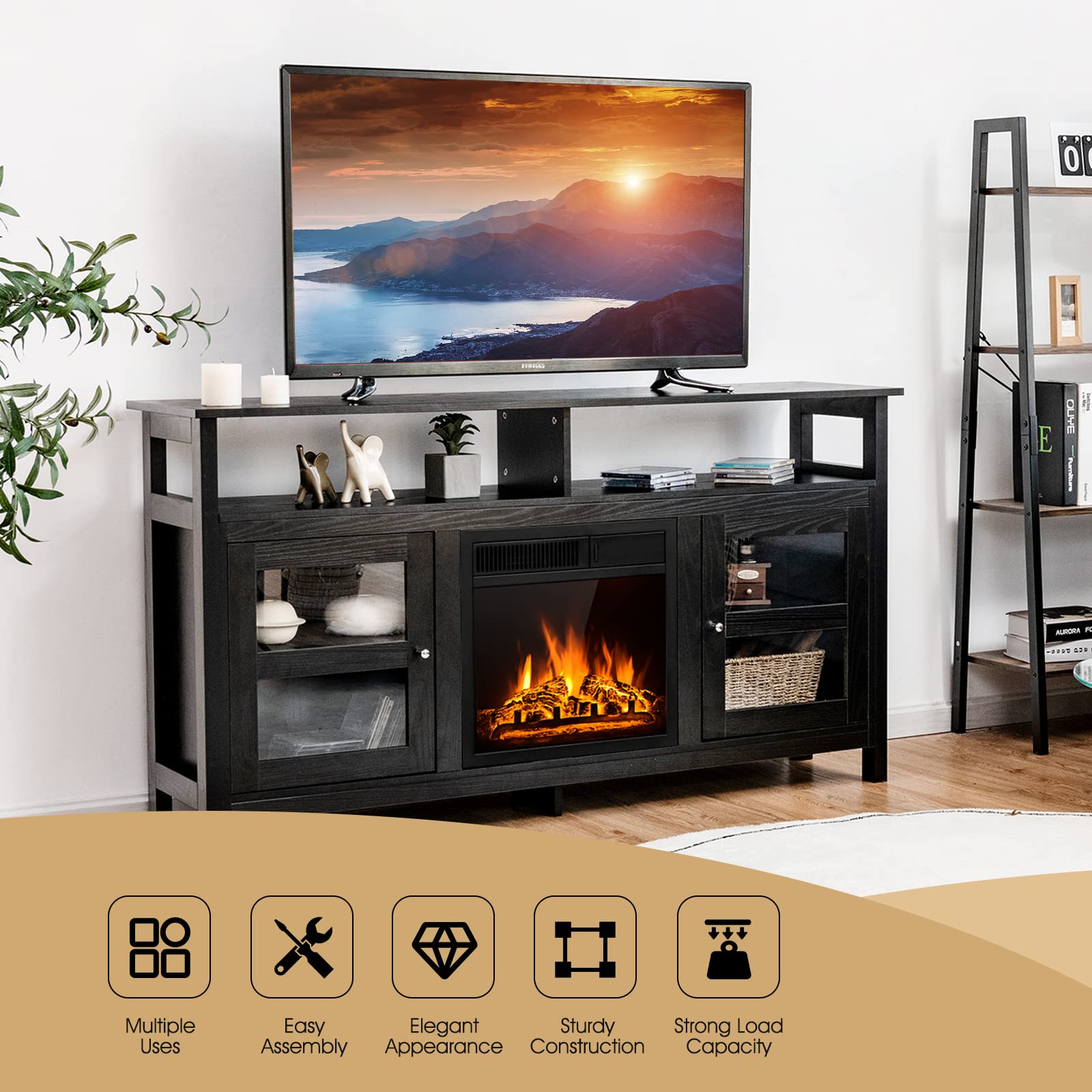 Tangkula Fireplace TV Stand, Farmhouse Media Console Table w/18 1500W Electric Fireplace for Flat Screen TVs up to 65", Modern Fireplace Space Heater w/Adjustable Brightness & Remote Control (Black)