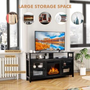 Tangkula Fireplace TV Stand, Farmhouse Media Console Table w/18 1500W Electric Fireplace for Flat Screen TVs up to 65", Modern Fireplace Space Heater w/Adjustable Brightness & Remote Control (Black)