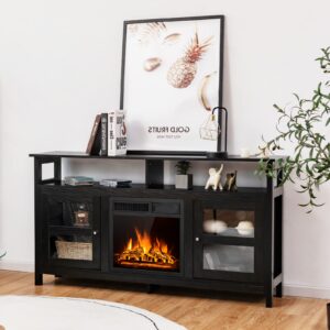 Tangkula Fireplace TV Stand, Farmhouse Media Console Table w/18 1500W Electric Fireplace for Flat Screen TVs up to 65", Modern Fireplace Space Heater w/Adjustable Brightness & Remote Control (Black)