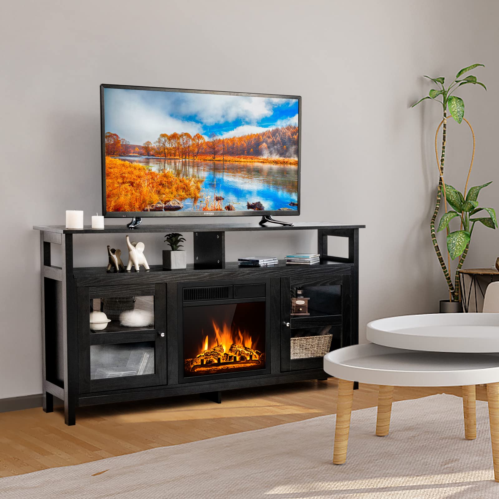 Tangkula Fireplace TV Stand, Farmhouse Media Console Table w/18 1500W Electric Fireplace for Flat Screen TVs up to 65", Modern Fireplace Space Heater w/Adjustable Brightness & Remote Control (Black)