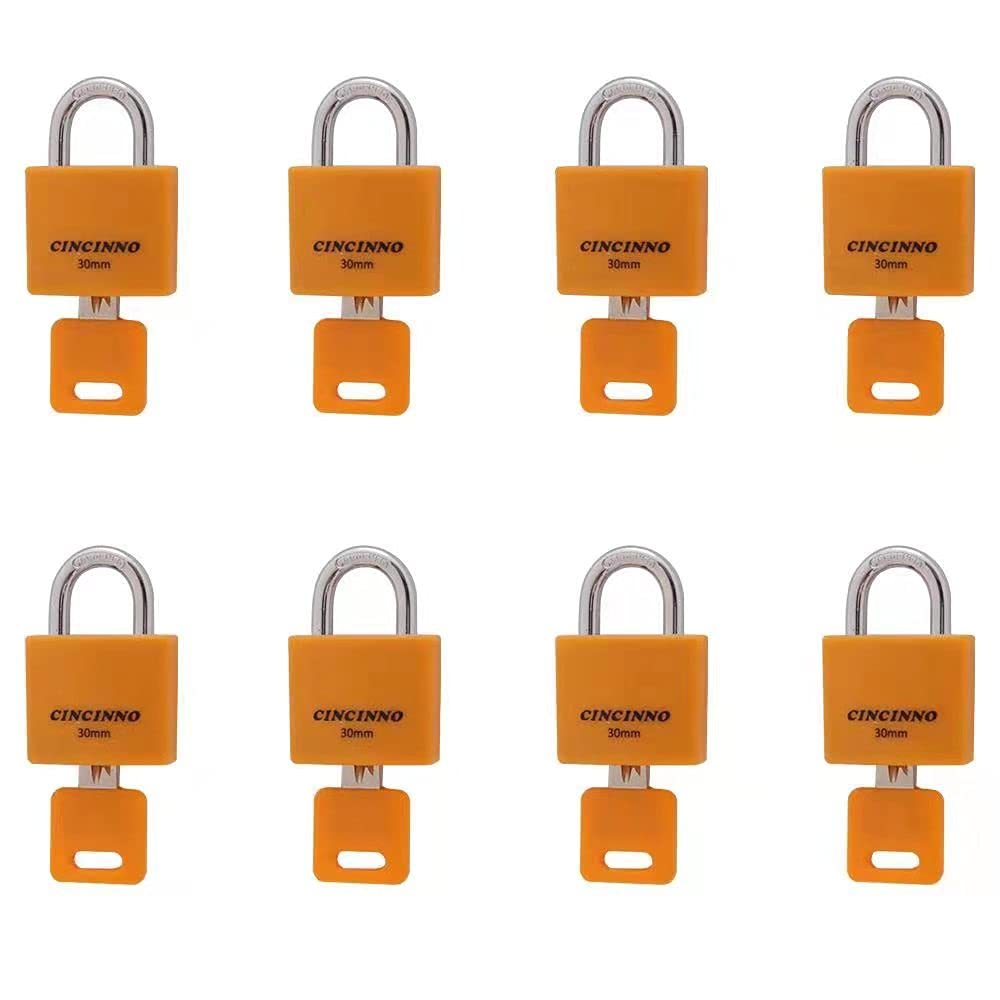 CINCINNO Set of 8 Small Locks，Covered Aluminum Keyed Alike Padlocks，30MM Weatherproof Lock with Same Key,Outdoor Padlock for Sheds, Storage Unit ，School Gym Locker, Toolbox