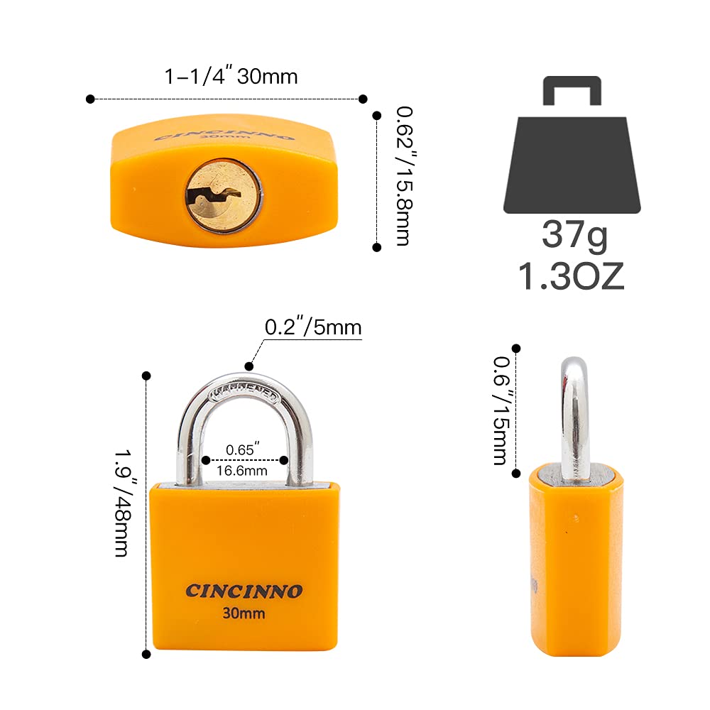 CINCINNO Set of 8 Small Locks，Covered Aluminum Keyed Alike Padlocks，30MM Weatherproof Lock with Same Key,Outdoor Padlock for Sheds, Storage Unit ，School Gym Locker, Toolbox