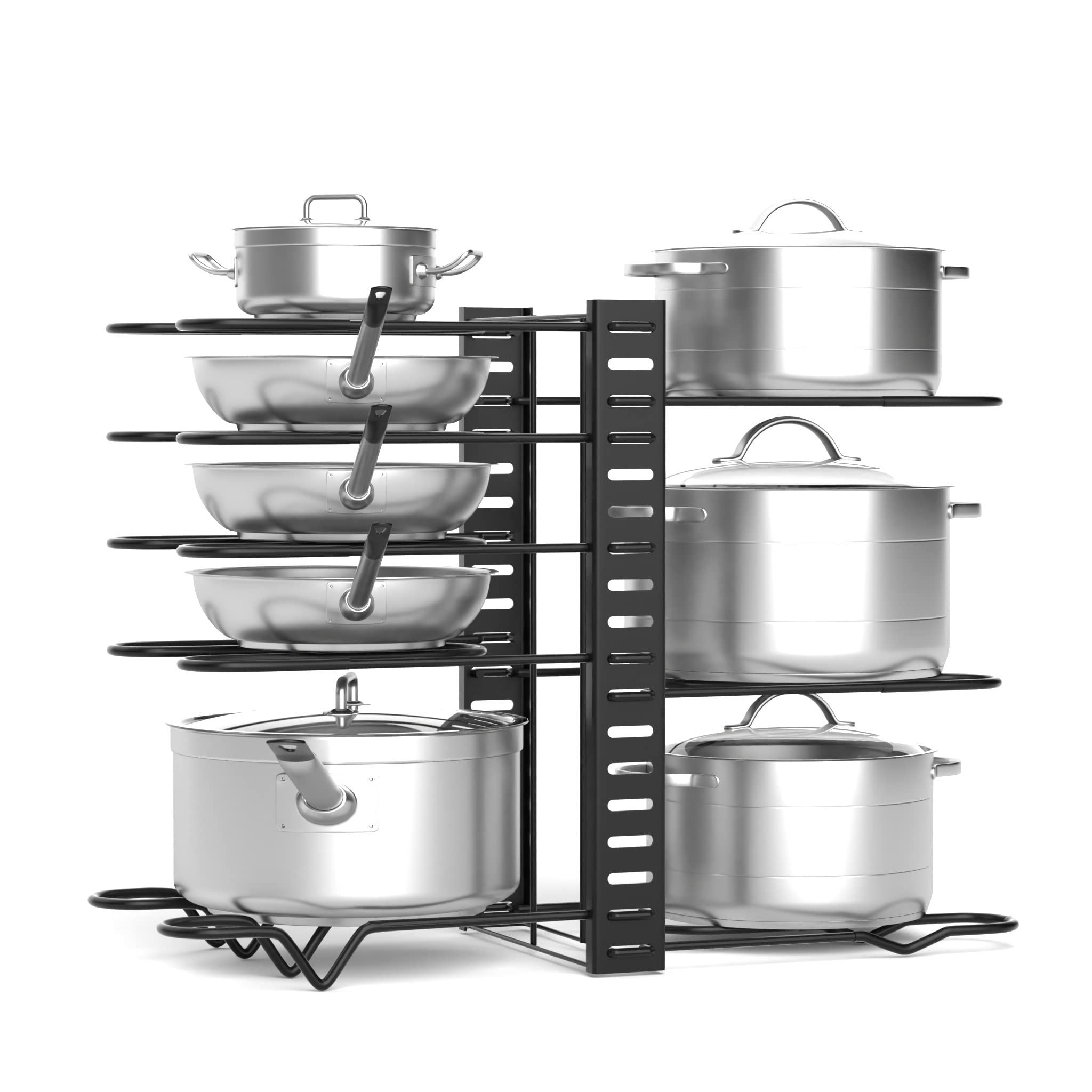 ZHOHO TANT Pan Organizer Rack for Cabinet Pot Rack with 3 DIY Methods 8 Tiers Adjustable Pots and Pans Organizer under Cabinet for Kitchen Counter (Black Steel)