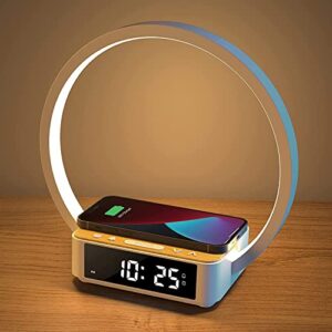 amouhom table lamp, 18w touch lamp alarm clock with wireless charging wake-up light, digital sonic 10w max qi charger nightstand reading lamps for bedside, reading, home, office