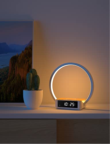 Amouhom Table Lamp, 18W Touch Lamp Alarm Clock with Wireless Charging Wake-Up Light, Digital Sonic 10W Max Qi Charger Nightstand Reading Lamps for Bedside, Reading, Home, Office