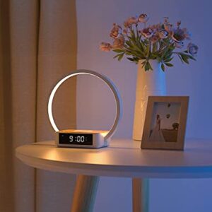 Amouhom Table Lamp, 18W Touch Lamp Alarm Clock with Wireless Charging Wake-Up Light, Digital Sonic 10W Max Qi Charger Nightstand Reading Lamps for Bedside, Reading, Home, Office