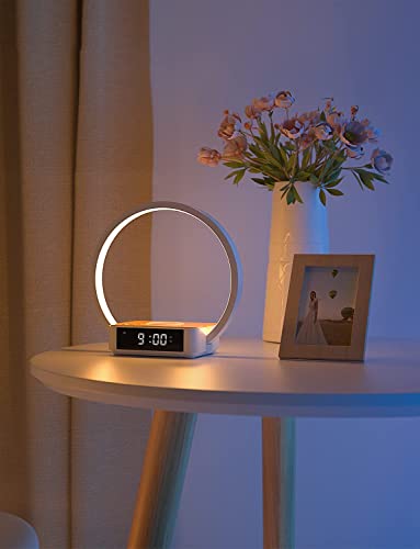 Amouhom Table Lamp, 18W Touch Lamp Alarm Clock with Wireless Charging Wake-Up Light, Digital Sonic 10W Max Qi Charger Nightstand Reading Lamps for Bedside, Reading, Home, Office