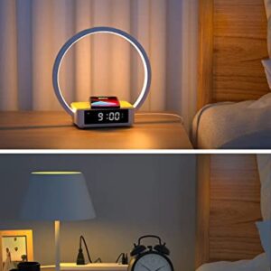 Amouhom Table Lamp, 18W Touch Lamp Alarm Clock with Wireless Charging Wake-Up Light, Digital Sonic 10W Max Qi Charger Nightstand Reading Lamps for Bedside, Reading, Home, Office