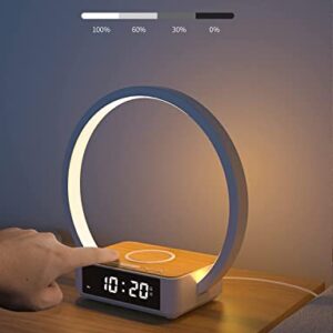 Amouhom Table Lamp, 18W Touch Lamp Alarm Clock with Wireless Charging Wake-Up Light, Digital Sonic 10W Max Qi Charger Nightstand Reading Lamps for Bedside, Reading, Home, Office