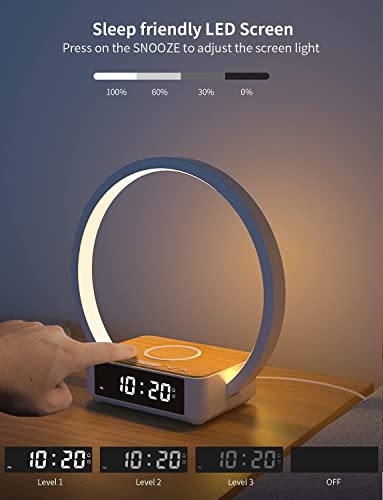 Amouhom Table Lamp, 18W Touch Lamp Alarm Clock with Wireless Charging Wake-Up Light, Digital Sonic 10W Max Qi Charger Nightstand Reading Lamps for Bedside, Reading, Home, Office