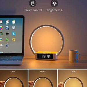 Amouhom Table Lamp, 18W Touch Lamp Alarm Clock with Wireless Charging Wake-Up Light, Digital Sonic 10W Max Qi Charger Nightstand Reading Lamps for Bedside, Reading, Home, Office