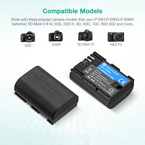 FirstPower LP-E6NH Battery and USB Dual Charger Compatible with Canon EOS R, R5, R6, 5D Mark II III IV, 5Ds, 6D, 6D Mark II, 7D, 7D Mark II, 60D, 70D, 80D, 90D Cameras and More (2-Pack, 2950mAh)